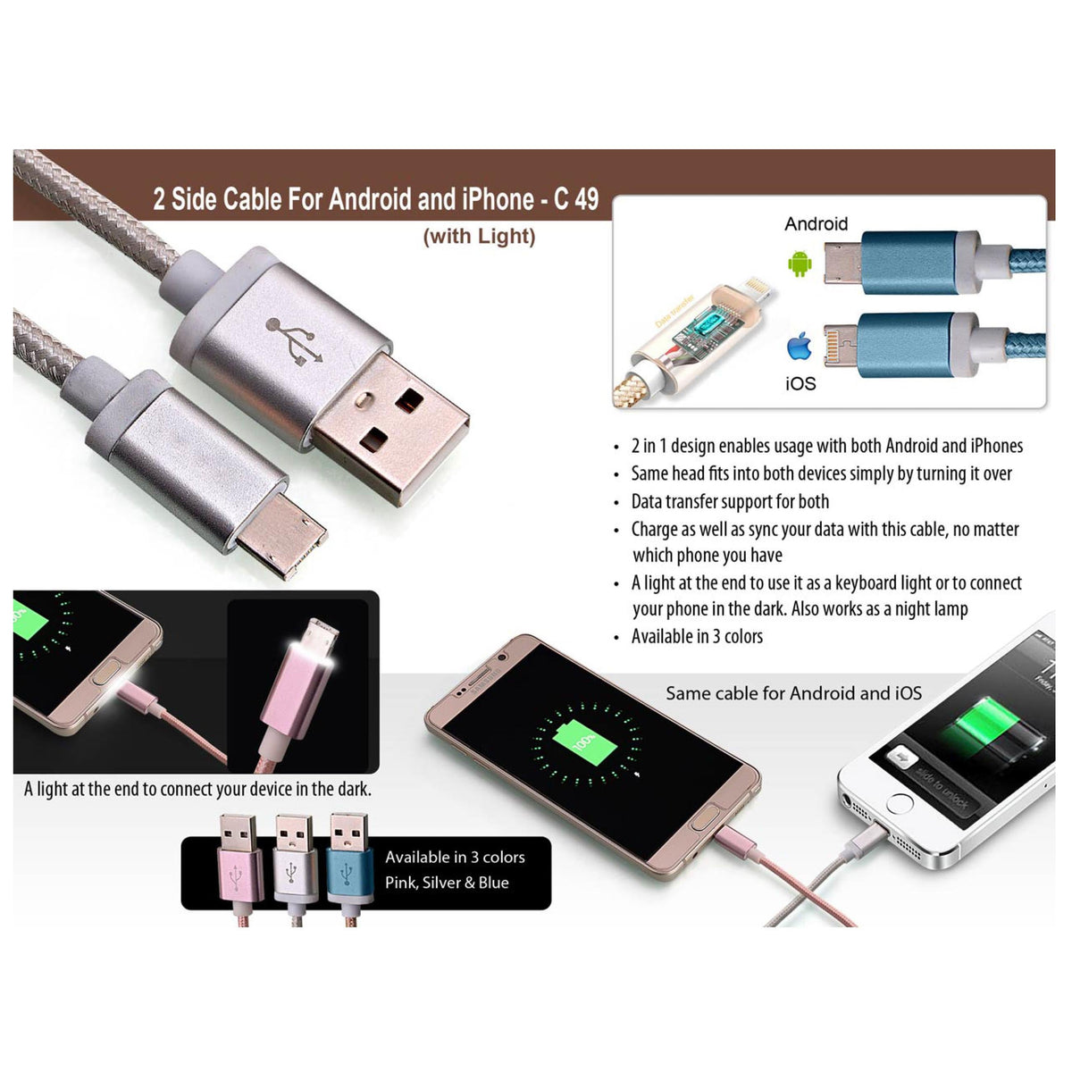 2 Side Cable For Android And iPhone With Light - C 49 – Marsh Clothing